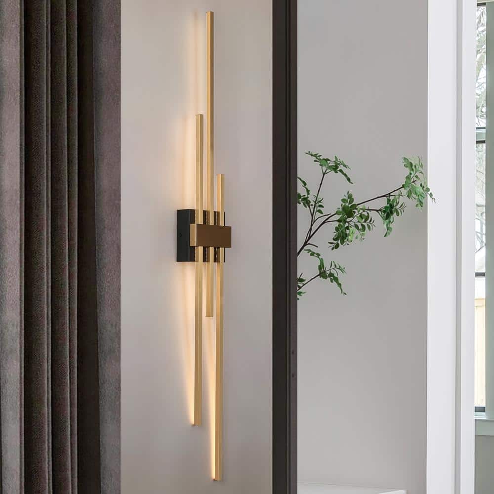 LNC Huia 3-Light Matte Black and Plating Brass Linear LED Wall Sconce ...