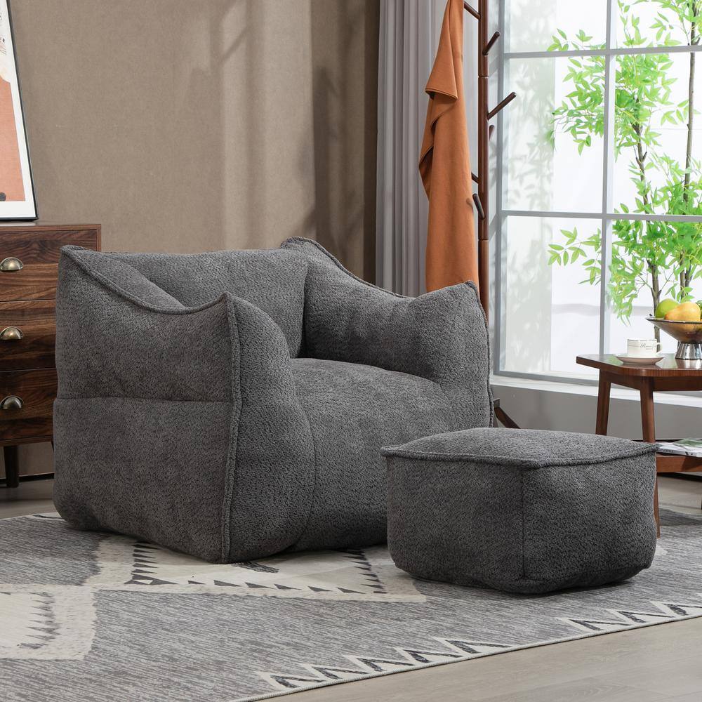 HOMEFUN Modern Light Grey Boucle Round Square Bean Bag Accent Arm Chair ...