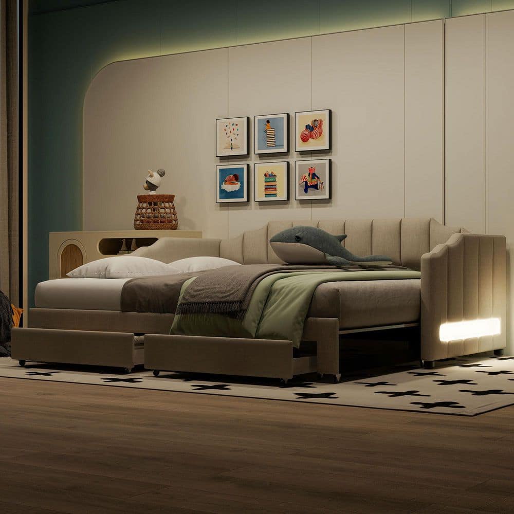 Nestfair Beige Extendable Twin XL Size Upholstered Daybed with 2 ...