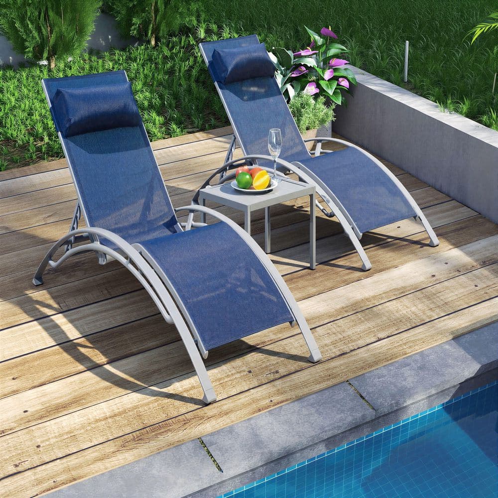 DENISLAWN Blue 3-Piece Metal Outdoor Chaise Lounge with Table LCCR-BT ...