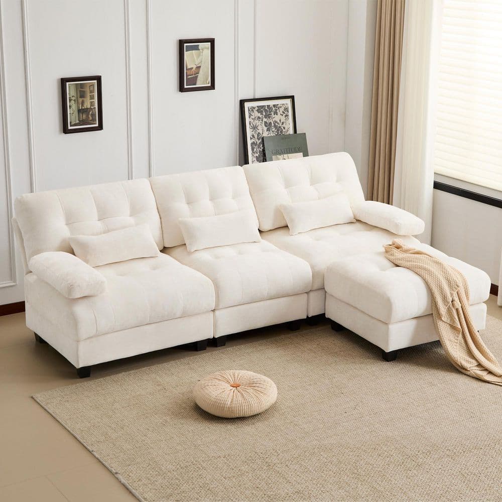 Noble House Sinclair 93 in. Chenille L-Shaped Tufted Modular Sectional Sofa in Beige with ...