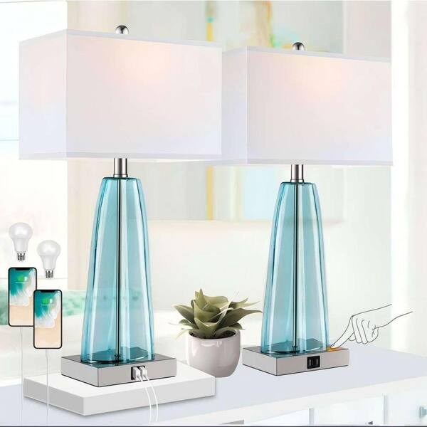 Jushua 17 in. H Blue Green Glass Table Lamp with USB Ports, Touch ...