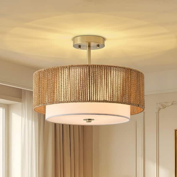 TinHon Modern Gold Boho Drum Ceiling Light, 3-Light Woven Shade Semi ...