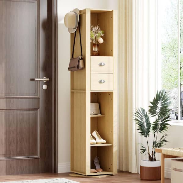 FUFU&GAGA Light Natural Wood Hall Tree with Mirror, 4 Hooks, Display Shelves and 2 Drawers, 360 ...