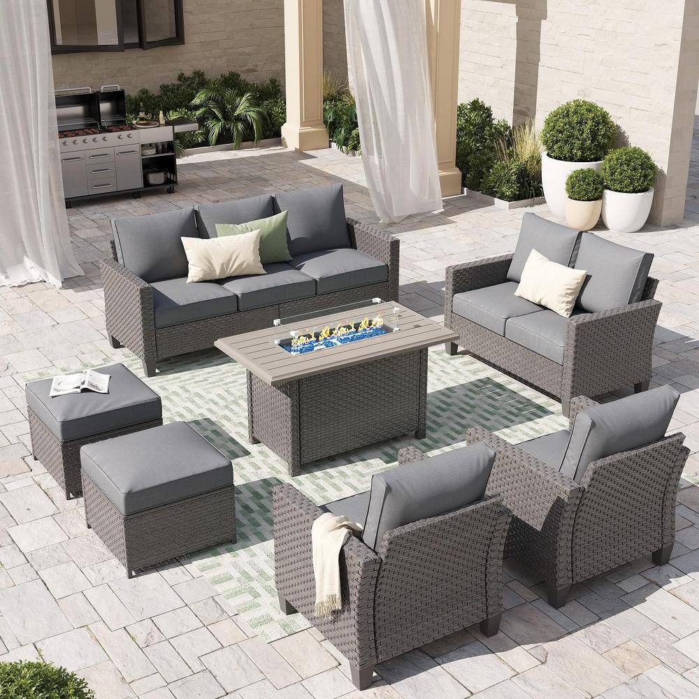 Freestyle 7-Piece Grey Wicker Outdoor Conversation Set with Fire Pit ...