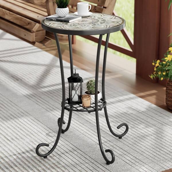 Trulisa Outdoor Patio Round Side Table with Shelf Ceramic Tile Iron Black Brown