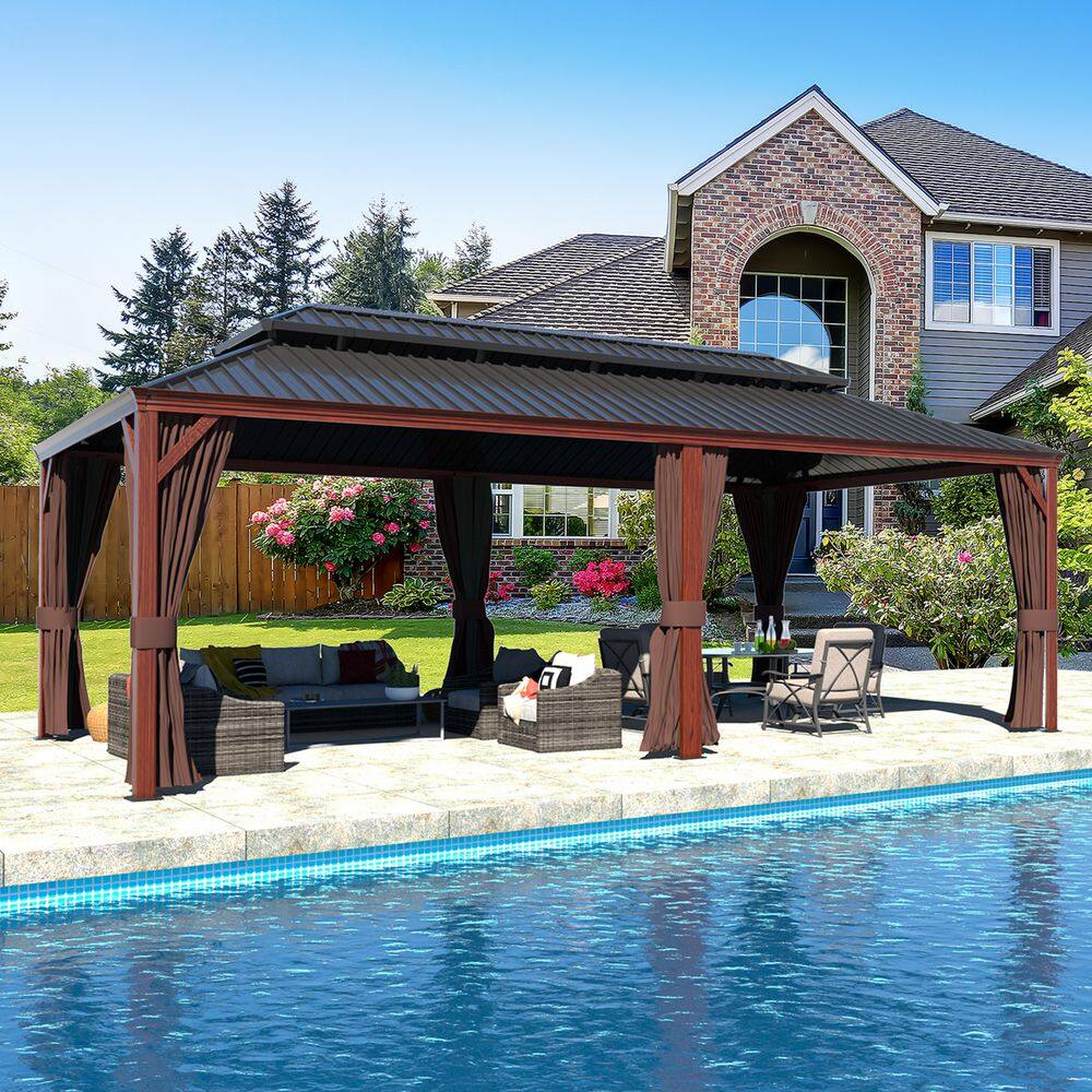 Reviews for VEIKOUS 24 ft. x 14 ft. Wood Grain Aluminum Hardtop Gazebo Double Roof with Curtains ...