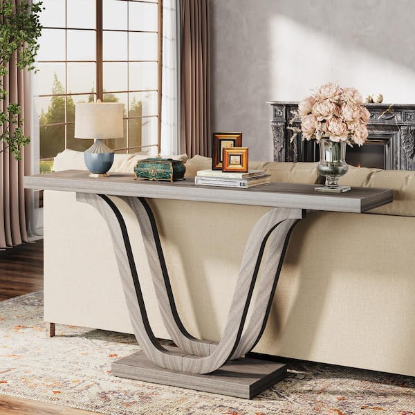 BYBLIGHT Turrella 55.1 in. Grey Rectangle Wood Console Table with Double U Shaped Legs for Entryway Living Room BB C0795LC