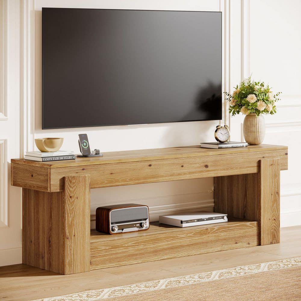 BYBLIGHT 63 in. Rustic Brown Solid Wood TV Stand Fits TVs up 55 to 75 ...