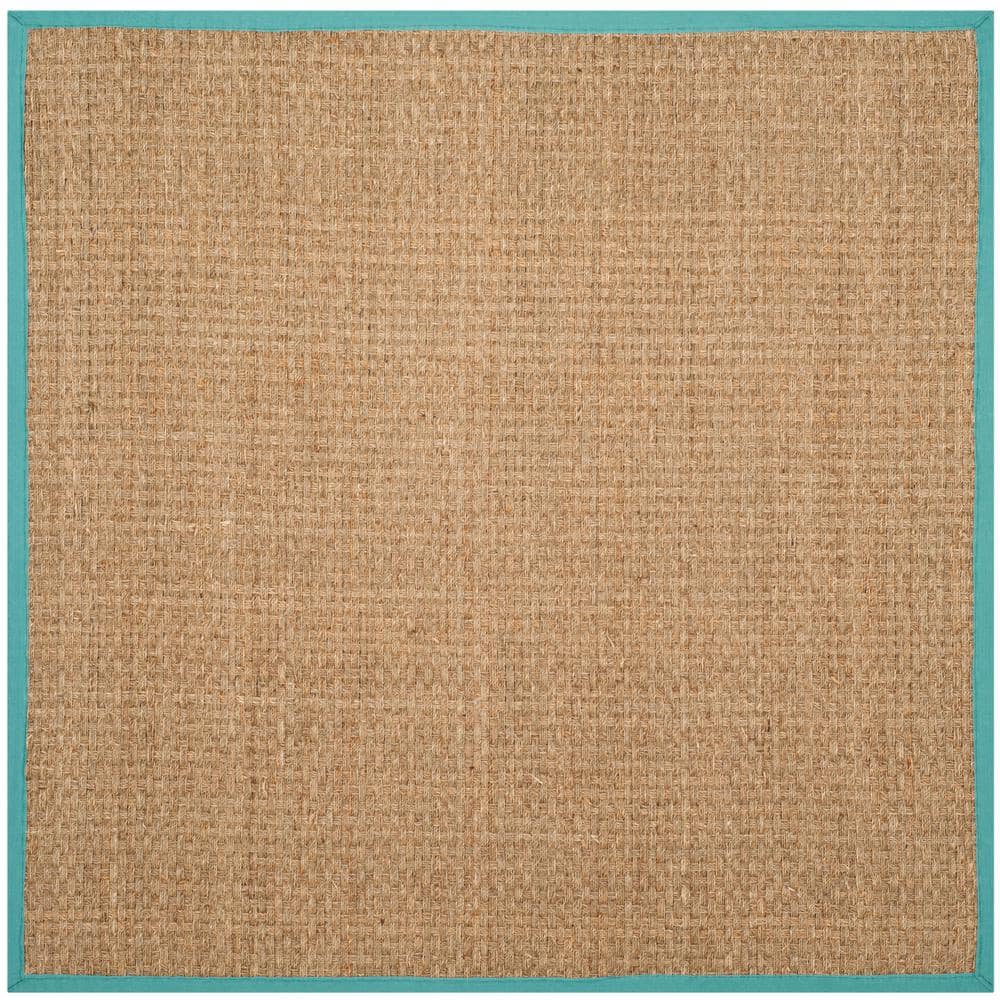 SAFAVIEH Natural Fiber Natural/Teal 6 ft. x 6 ft. Border Woven Square ...