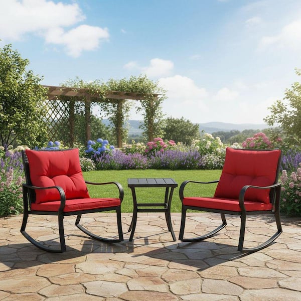 Tenleaf 3-Piece Metal Patio Conversation Set with Red Cushions FCBF16 ...