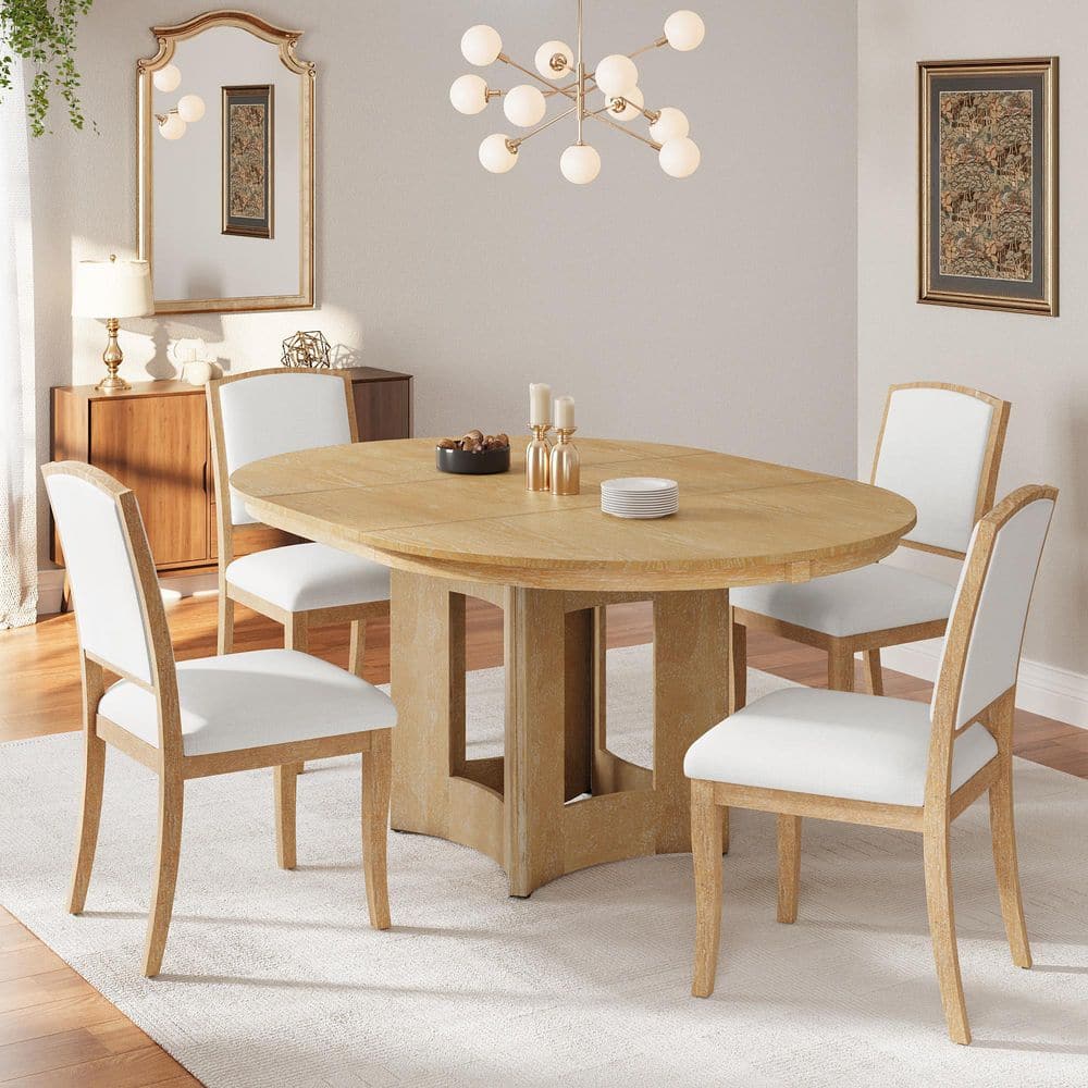 JEAREY Farmhouse 5-Piece Extendable Round Dining Set for 4, Natural ...
