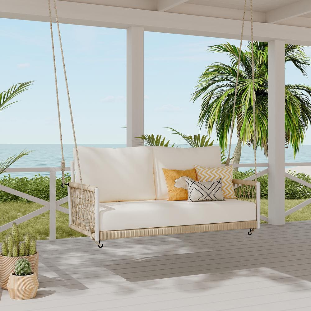Zeus & Ruta 1-Piece Beige Metal Outdoor Porch Swing Sofa with Soft ...