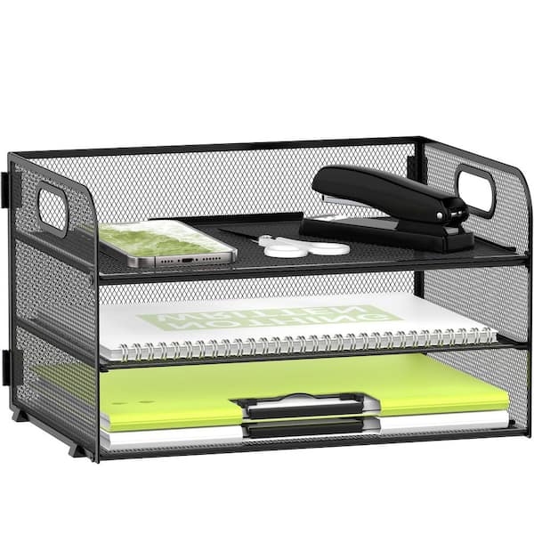 N/A. Black 12 in. x 11.22 in. Mesh 3-Tier Paper Organizer with Handle ...