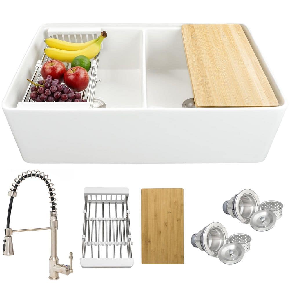 AKDY White Fireclay 33 in. Double Bowl Apron-Front Workstation Kitchen ...