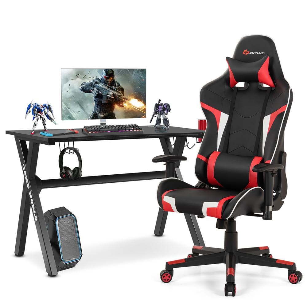 Costway 48.5 in. X-Shaped Black Gaming Desk and Black plus Red Racing ...