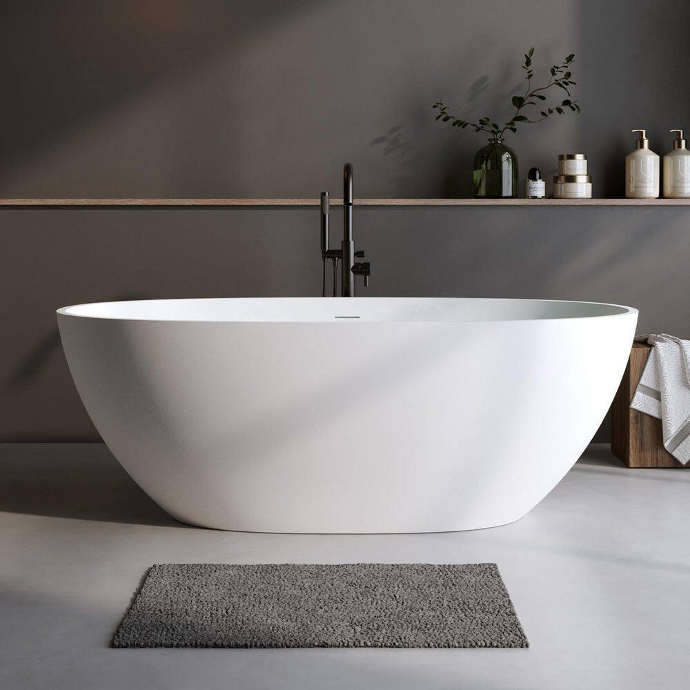 WELLFOR 59 in. x 30.7 in. Resin Stone Soaking Bathtub in Matte White ...
