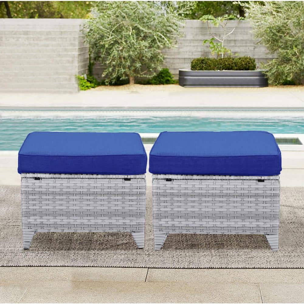 Gymojoy Carolina Light Gray Wicker Outdoor Ottoman with Blue Cushion (2 ...
