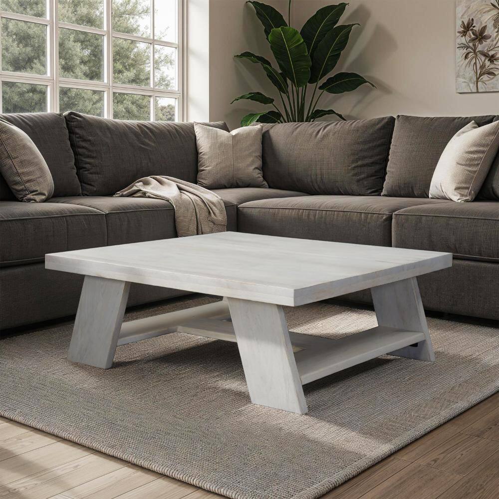 THE URBAN PORT Aya 40 in. White Square Mango Wood Coffee Table with ...
