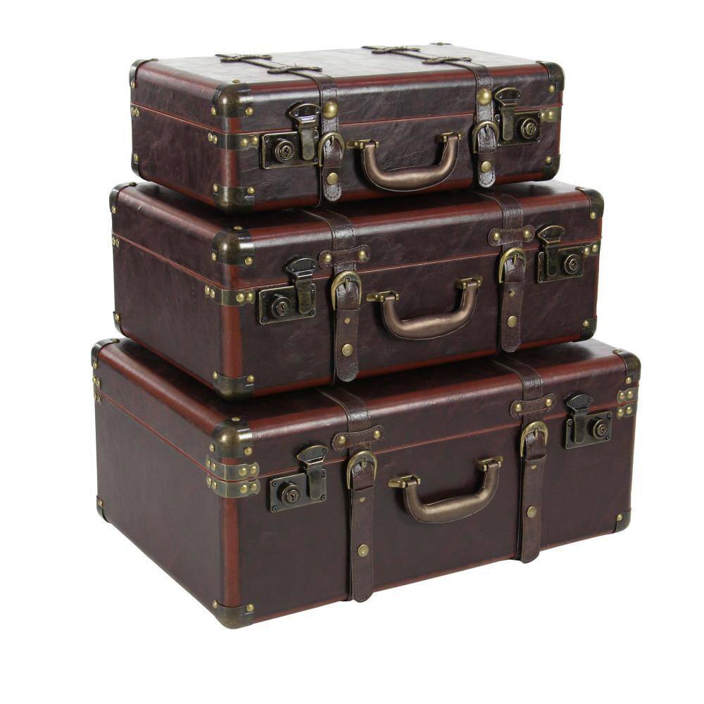 Litton Lane Brown Leather Nesting Upholstered Trunk with Vintage ...
