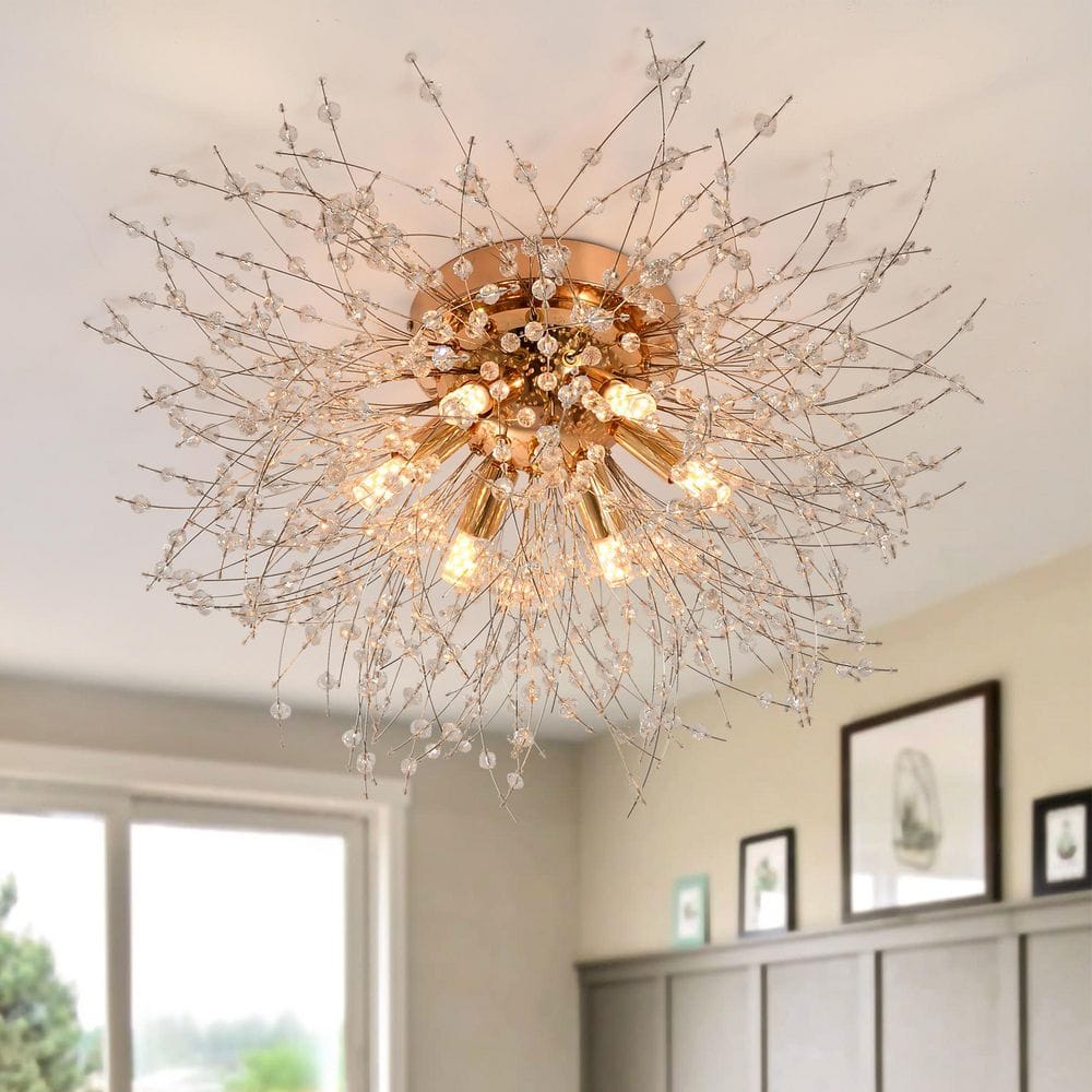 GMGSROM 20 in. 6-Light Gold Modern Firework Crystal Chandelier Flush ...