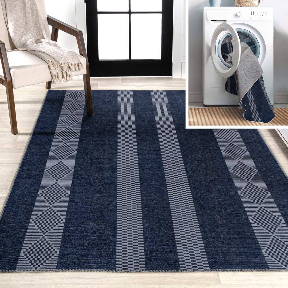 JONATHAN Y Nautisk Trellis Stripe Machine-Washable Navy/Ivory 9 ft. x ...