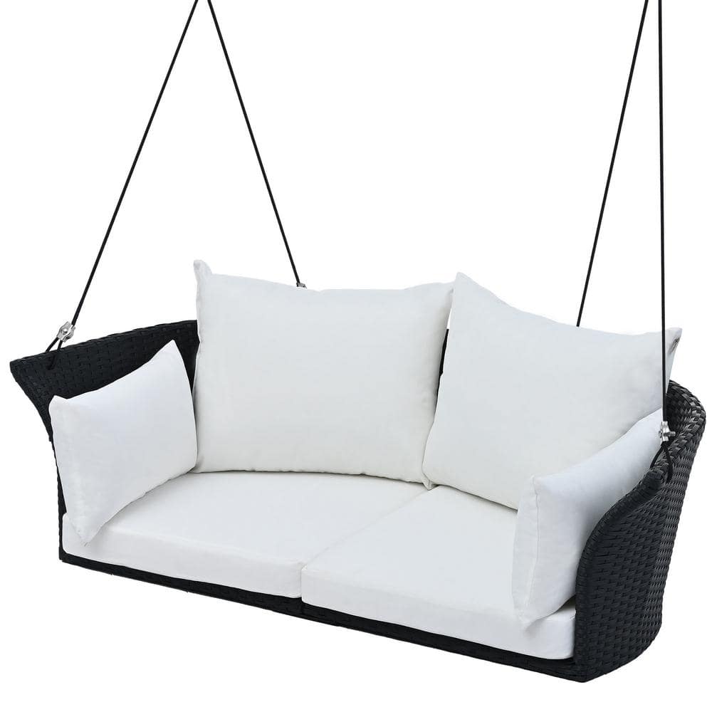 Afoxsos 44 in. 2-Person Black White Wicker Patio Swing with Cushion ...