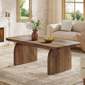 BYBLIGHT Allan 45.3 in. Brown Round Wood Coffee Table with U-Shaped Frame, 2-Tier Farmhouse ...
