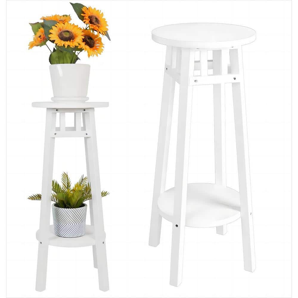 AESOME 2-Tier Round White Plant Stand 31 in. Tall Wooden End Table with ...