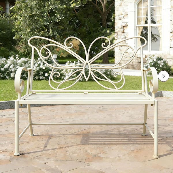 Maypex 42 in. Ivory Steel Metal Outdoor Bench Butterfly Design ...