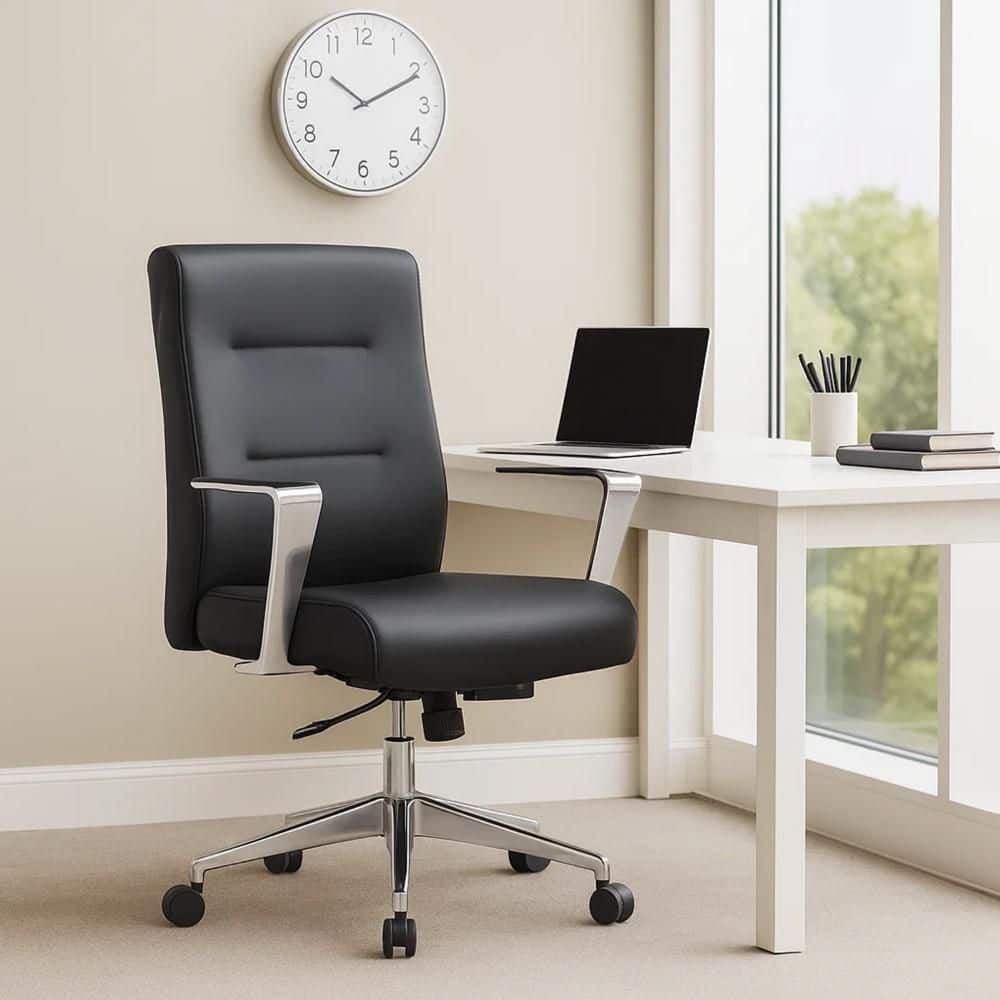 Benjara Avery Vinyl Rolling Task Chair in Black and Chrome Arms ...