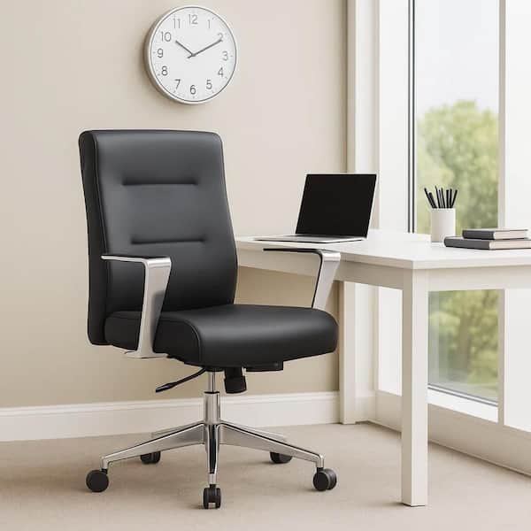 Benjara Avery Vinyl Rolling Task Chair in Black and Chrome Arms BM344490 - The Home Depot