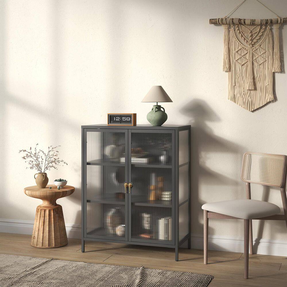Glamour Home Benoite 40.04 in. Tall Black Steel 3-Shelf 2-Door Bookcase ...