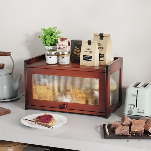 Wudkey 1-Piece Brown Bamboo Bread Box, Bread Storage Container with 4 ...