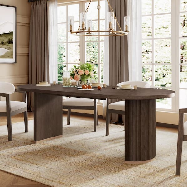 Harper & Bright Designs Walnut Wood 88 in. Double Pedestal Oval Dining ...