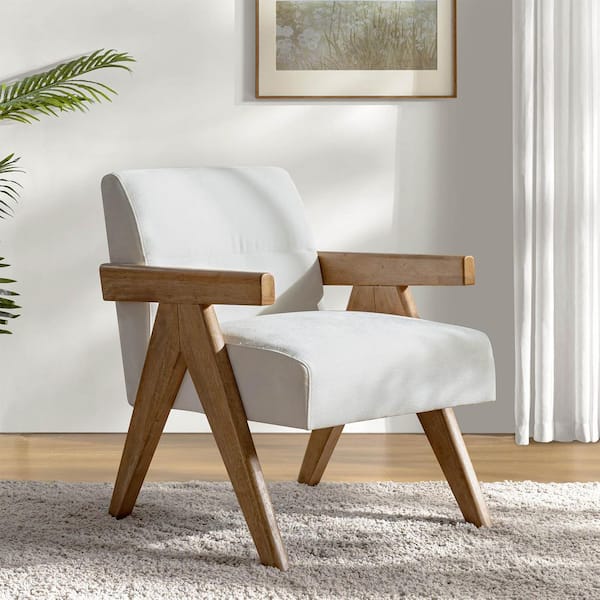 JAYDEN CREATION Odemaris Ivory Polyester Arm Chair with Curved Wood ...