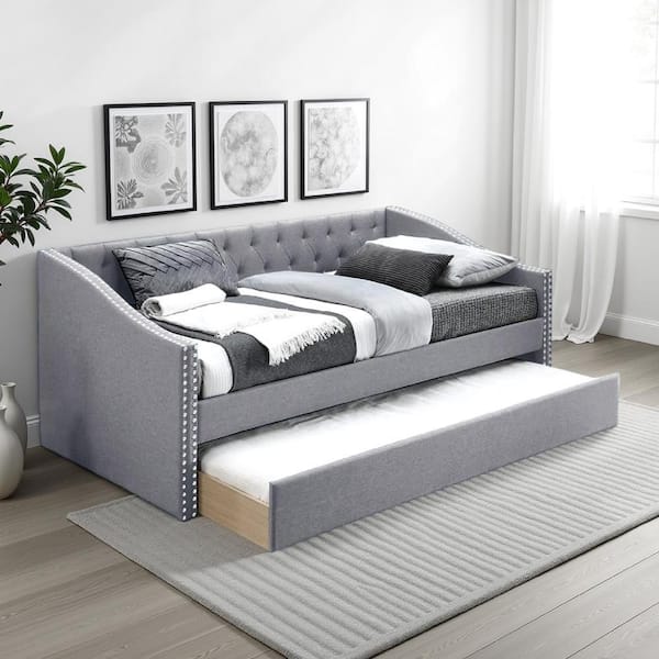 Benjara Ann Modern Gray Twin Size Daybed with Trundle and Straight ...