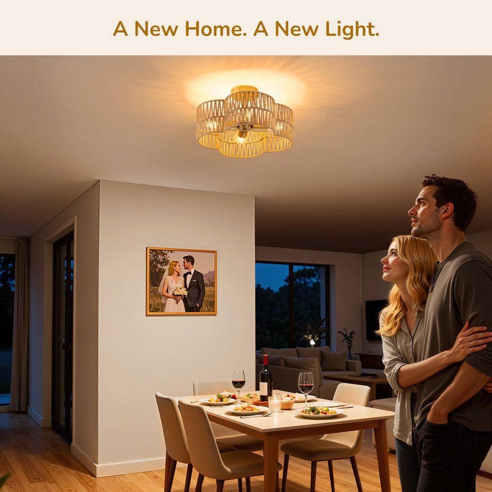 EDISHINE Boho 16.5 in. 4-Light Brown Semi Flush Mount Ceiling Light ...