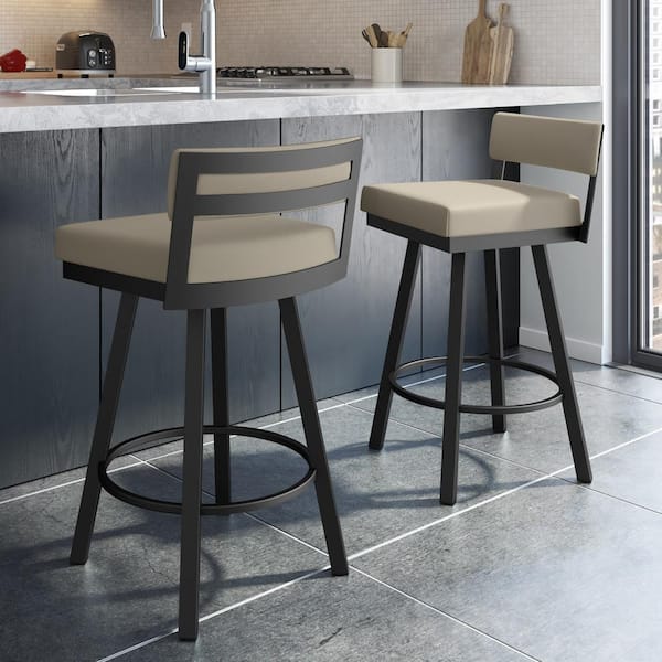 Amisco Travis 30 in. Greige Faux Leather / Black Metal Swivel Bar Stool ...