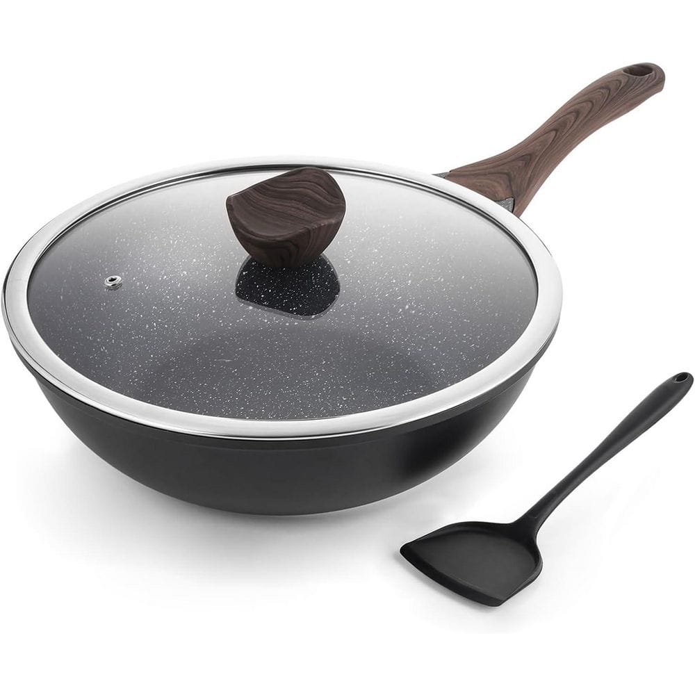 Anqtovp 12 in. Nonstick Wok Aluminum Alloy Granite Stone Coating PFOA ...