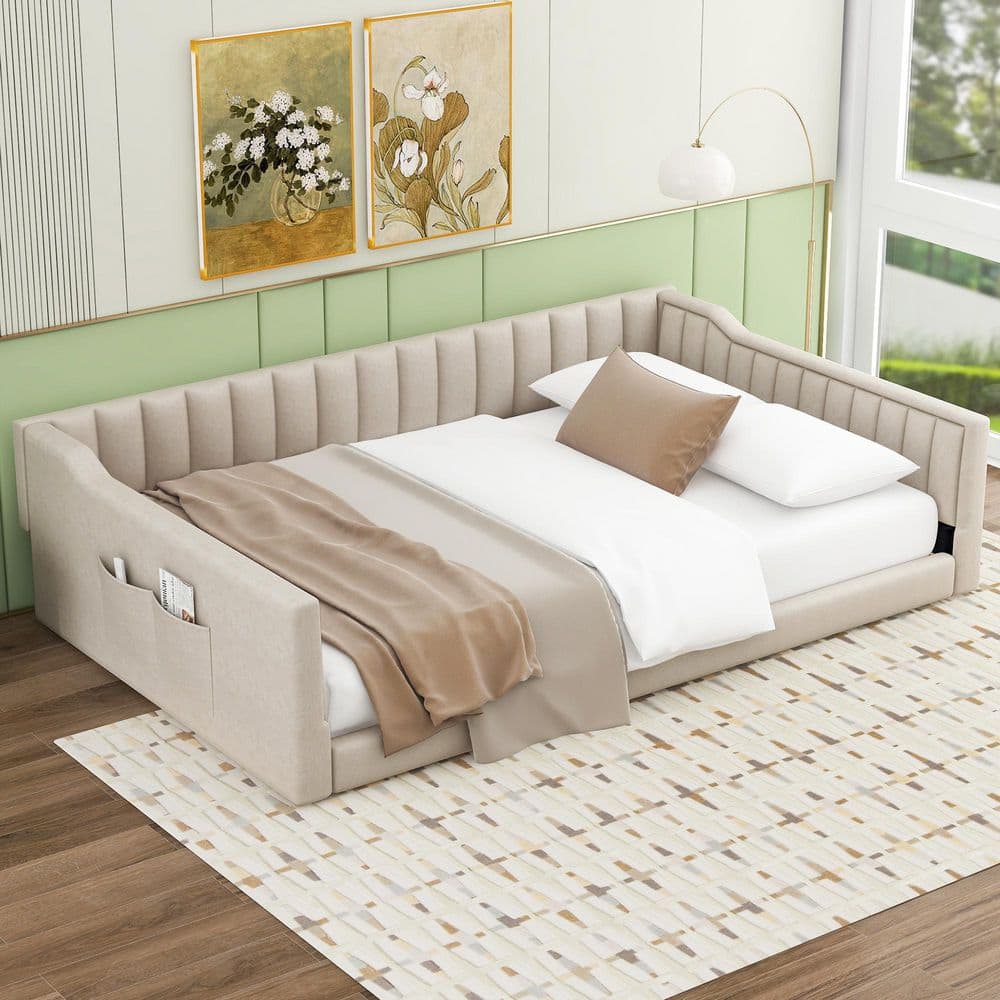 Harper & Bright Designs Beige Full XL Wood Frame Velvet Upholstered ...