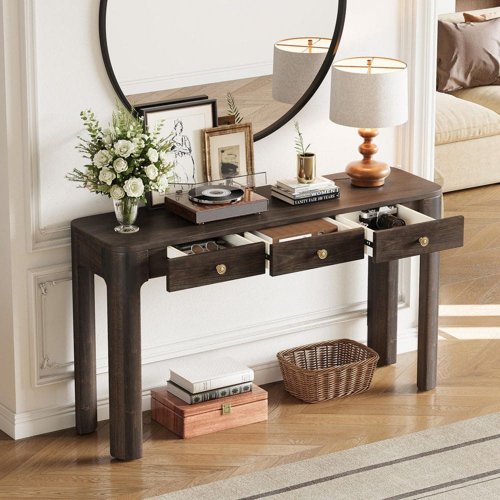Harper & Bright Designs Rustic 52 in. Espresso Rectangle Wood Console Table with Curved Corners ...