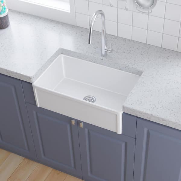 33 in. Farmhouse Single Bowl White Ceramic Kitchen Sink with Bottom ...