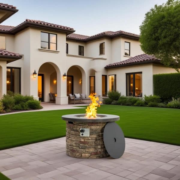 Noble House Tess 35.8 in. 50000 BTU Beige Multi Round Concrete Propane ...