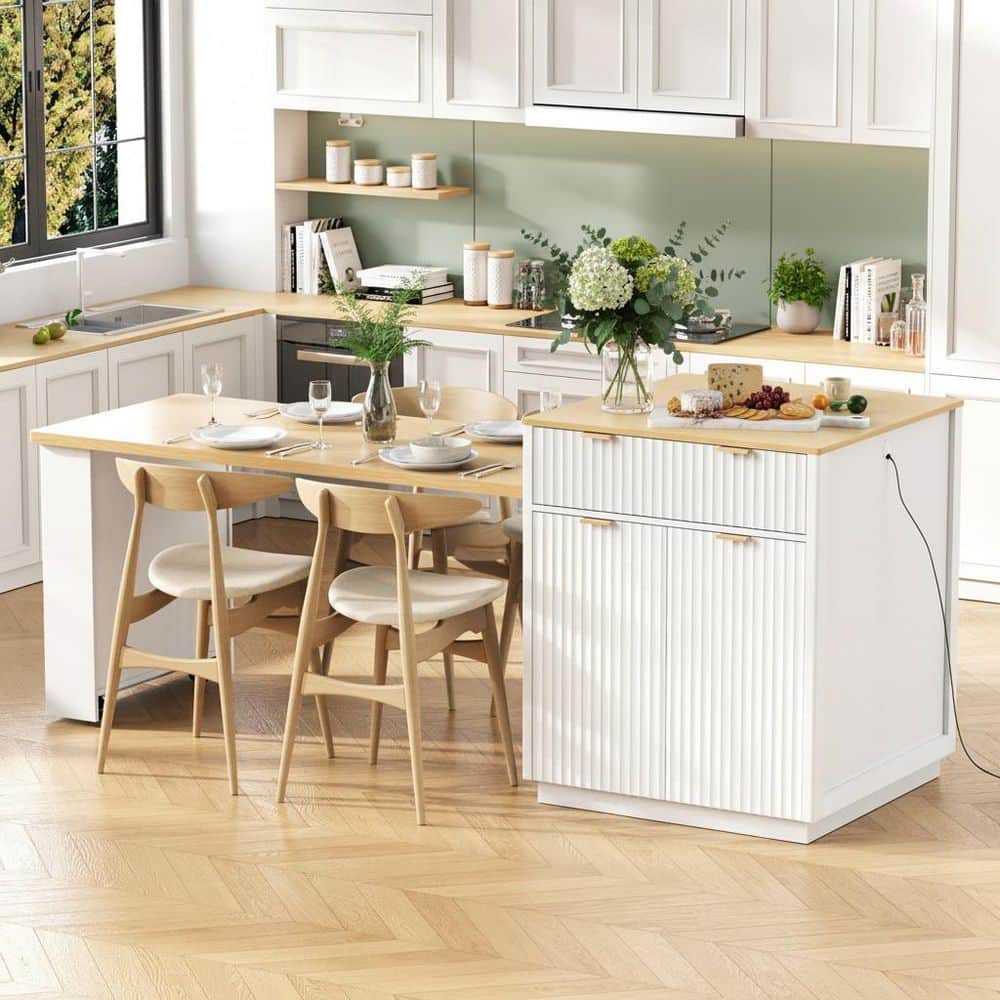 Cesicia Farmhouse White Wood 82.6 in. Kitchen Island Power Outlet ...