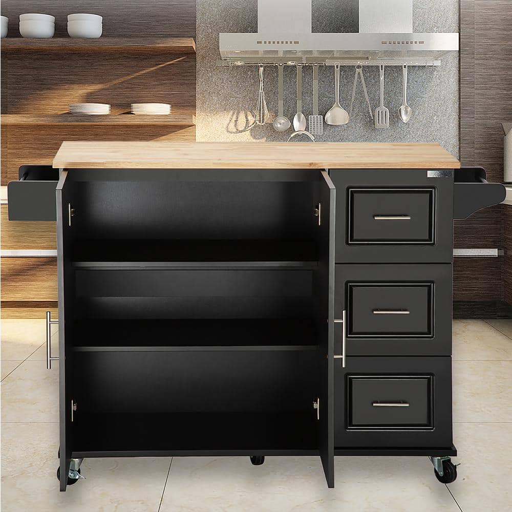 Staykiwi Black MDF Kitchen Cart with Extendable Rubber wood Tabletop ...