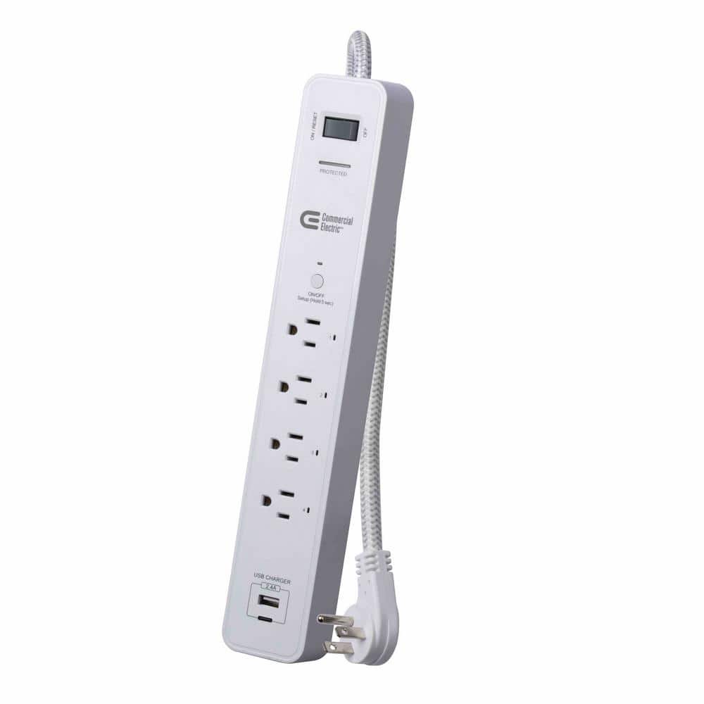 Commercial Electric 3 ft. 4-Outlet White Surge Protector Smart with USB ...