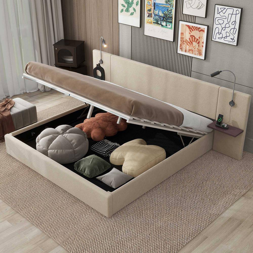 Harper & Bright Designs Beige Wood Frame Queen Velvet Upholstered ...