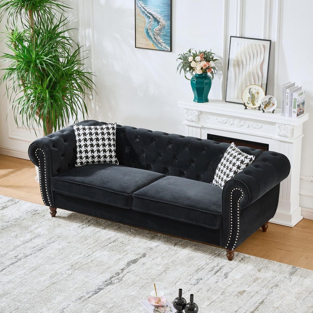 Noble House Egil 87 in. Rolled Arm Fabric Rectangle Sofa in. Black with ...