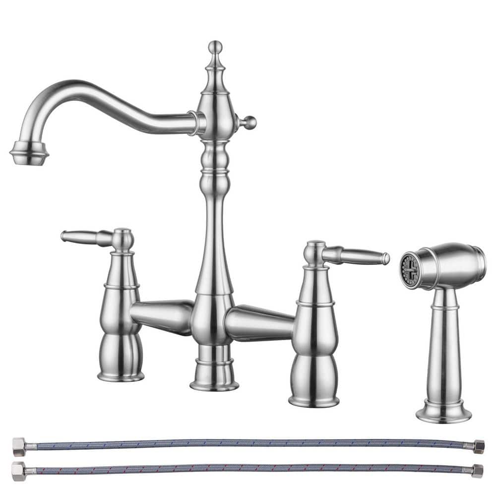 AVITAS Brass Double Handle Bridge Kitchen Faucet with Side Sprayer in ...